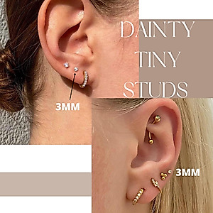 Tiny 3mm CZ Stud Flat Back Earrings for Women 14k Gold | Cartilage Earring Helix Tragus Conch Piercing Jewelry | Screw Back Gold Stud Earrings for Women