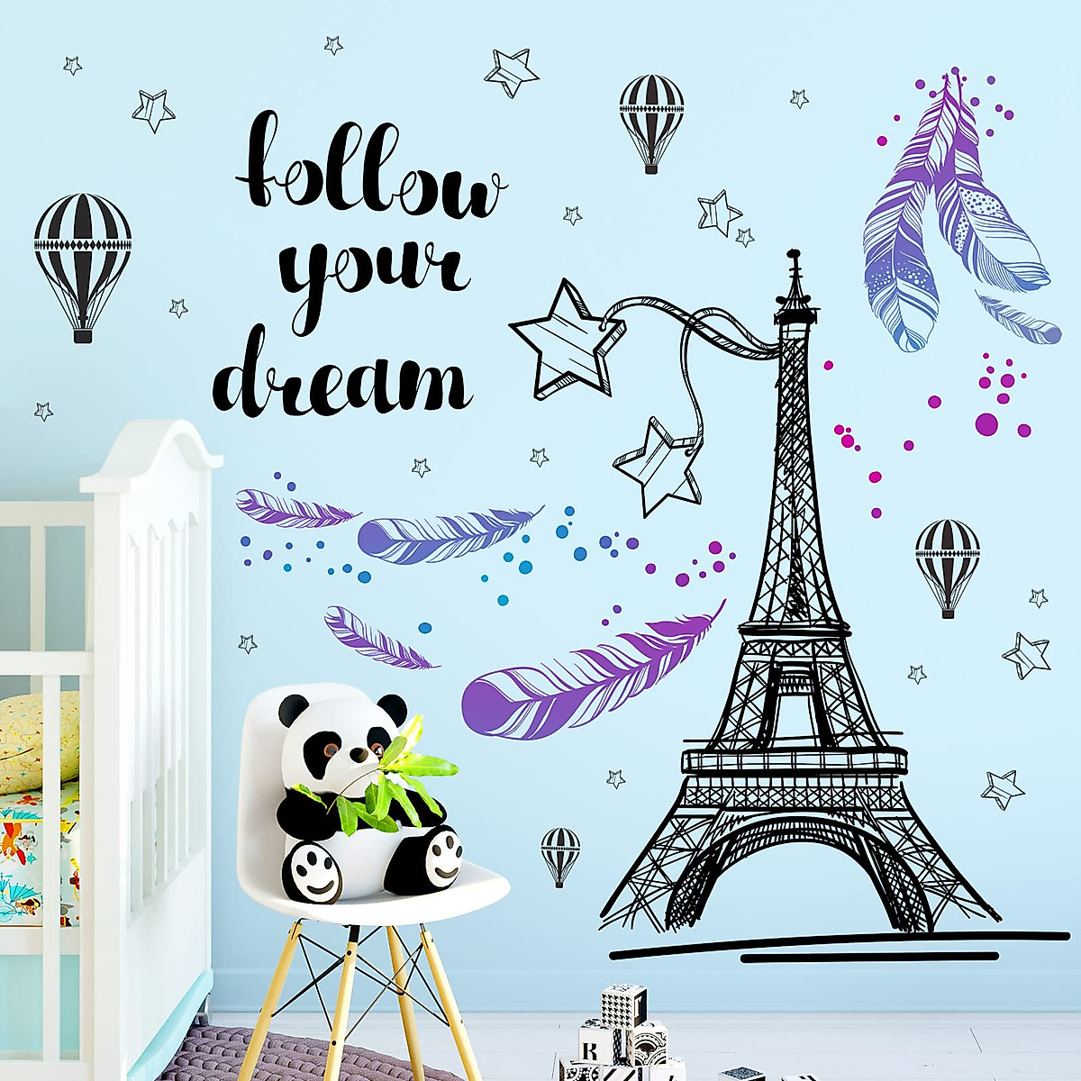 RW-4939 Giant Eiffel Tower Wall Decals Purple Feather Stars Vinyl Wall Stickers DIY Removable Balck Unique Paris Hot Air Balloons Stars Decor for Kids Teens Bedroom Living Room Nursery Decoration