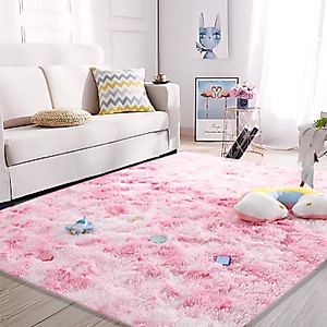 AIMECO Area Rugs for Bedroom, 4X6 Ft Fluffy Rug Carpet Shag Rug for Living Room Bedside Nursery Girls Bedroom, Tie-Dyed Pink
