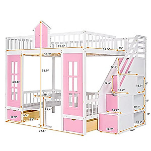 Polibi Full-Over-Full Bunk Bed with Storage Staircase and Changeable Table, Full Bunk Bed Turn into Upper Bed and Down Desk with 2 Drawers, Pink