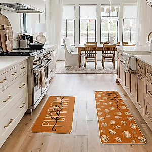 Artoid Mode Orange Hello Pumpkin Fall Kitchen Mats Set of 2, Autumn Home Decor Low-Profile Kitchen Rugs for Floor - 17x29 and 17x47 Inch
