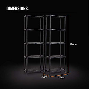 VonHaus 5 Tier Garage Shelving Unit (Pack of 2) - Black Plastic Interlocking Utility Storage Shelves - Each Unit: 68 x 24 x 12 inches