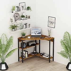 Corner Desk with Outlets & USB Ports, 90 Degree Triangle Corner Table with CPU Stand & Storage Shelves for Small Space, Computer Table with Charging Station for Home Office Bedroom (Rustic)