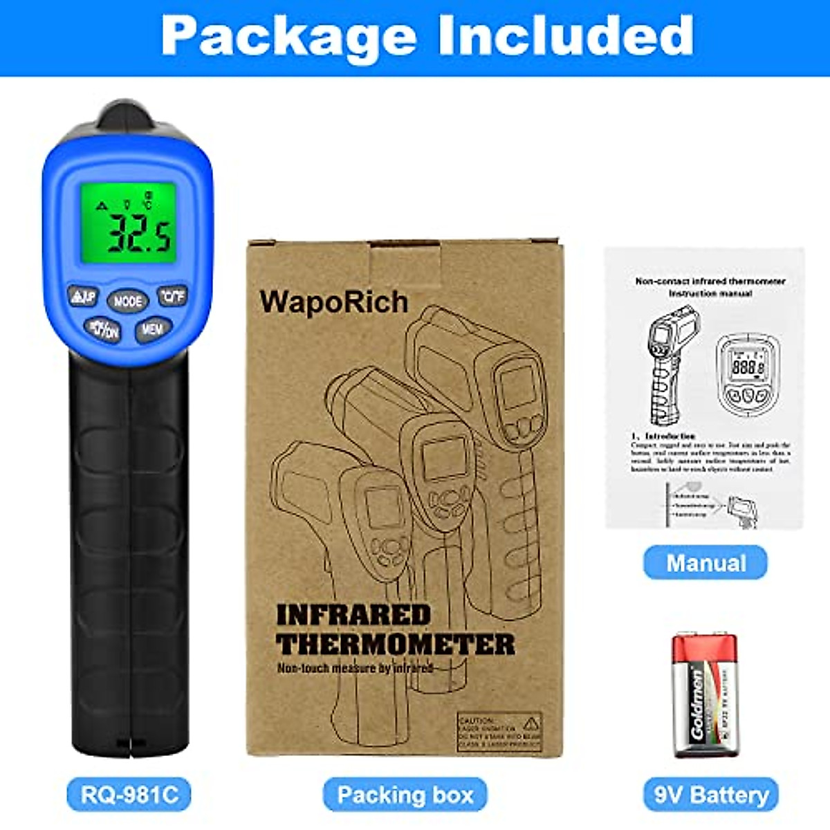 Infrared Thermometer Digital Laser Thermometer RQ-981C, Non-Contact Digital Infrared Thermometer from -50℃ to 550℃(-58 to1022℉) Come with LCD Back-Light, Data Hold for Industrial (Not for Human)