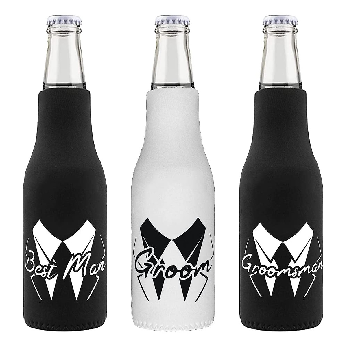 LADY & HOME Set of 7 Bachelor Party Bottle Cooler,Groom and Groomsman Beer Bottle Sleeve,Collapsible Can Holder for Bachelor (Black-Bottle-Squiggles)