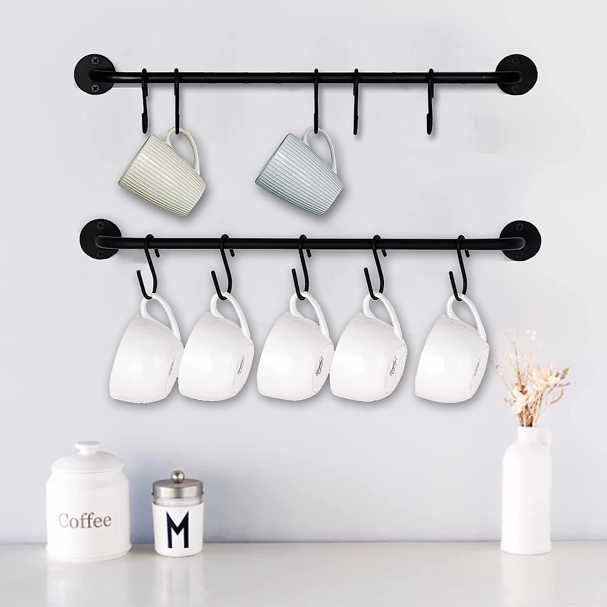 RETOONGKING Coffee Mug Holder Wall Mounted,1PC Coffee Cup Holder Coffee Mug Rack for Wall Black Metal Rod with 5 Removable Hooks,Organize Cooking Utensils or Mugs for Kitchen Restaurant Bar (1)