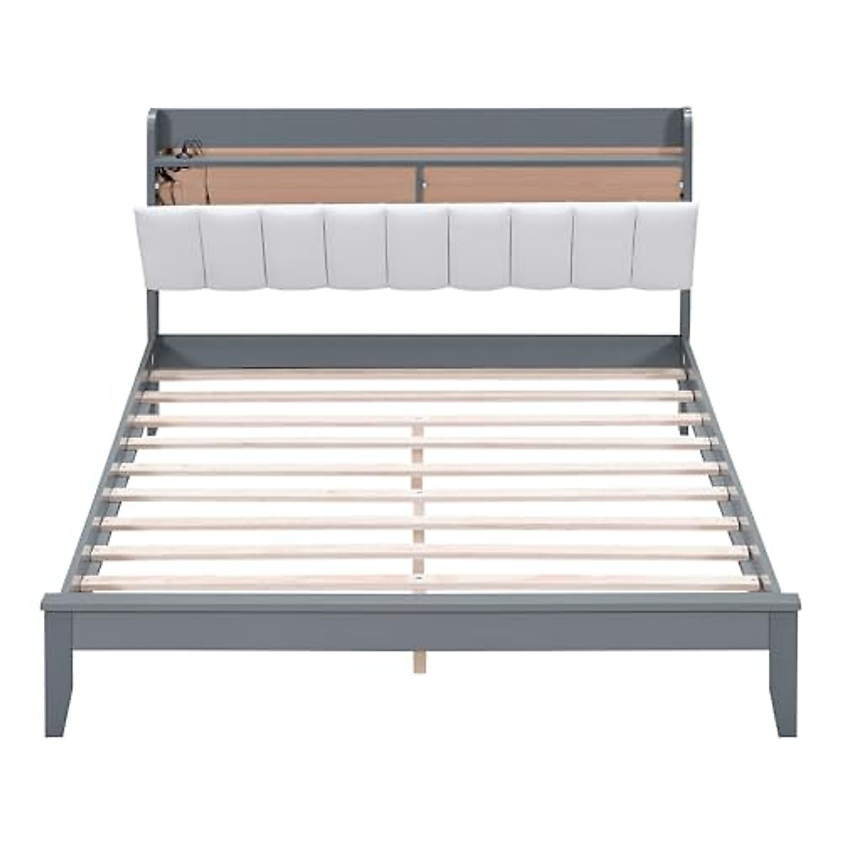 Merax Queen Size Upholstered Platform Bed with USB Charging Station and Storage Upholstered Headboard, LED Bed Frame, No Box Spring Needed, Gray