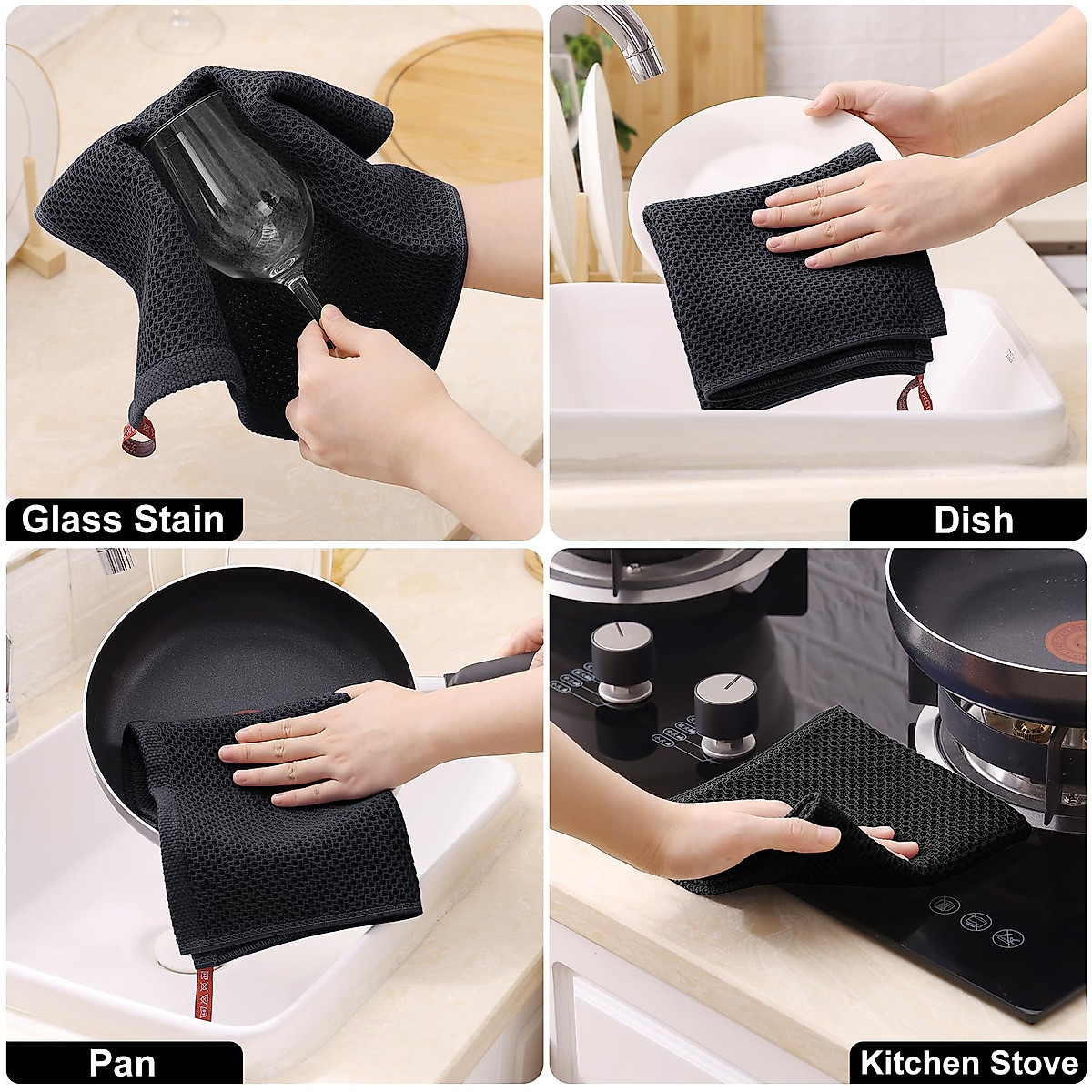 Homaxy 100% Cotton Kitchen Towels and Dishcloths Set, 12 x 12 Inches and 13 x 28 Inches, Set of 8 Bulk Kitchen Towels Set, Ultra Soft Absorbent Dish Cloths for Washing Dishes, Black