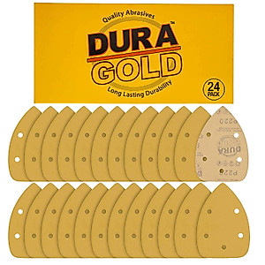 Dura-Gold Premium Mouse Detail Sander Sandpaper Sanding Sheets - 220 Grit (Box of 24) - 5 Hole Pattern Hook & Loop Triangle Mouse Discs - Woodworking Wood, Furniture Crafting, Sand Automotive Paint
