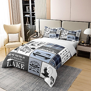 Rustic Farmhouse Style 100% Nature Cotton Duvet Cover King Size,Lake Theme Outdoor Camping Anchor Paddle Silhouette Super Soft Bedding Set,Seaside Cabin Wild Duck Comforter Cover Bedding 3 Piece