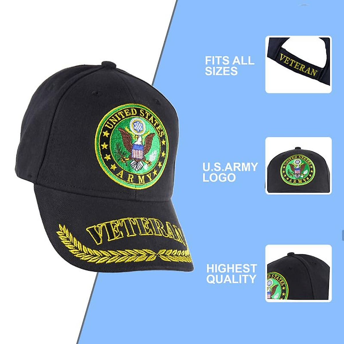 US Army Veteran Hat for Men and Women,Officially Licensed Product, Adjustable Strap Baseball Cap - Embroidered Army Baseball Cap Beautifully Stitched Lettering on Front and Back (Black)