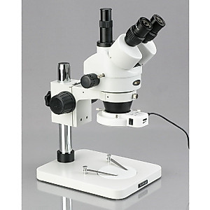 AmScope SM-1TSZ-144S-5M Digital Professional Trinocular Stereo Zoom Microscope, WH10x Eyepieces, 3.5X-90X Magnification, 0.7X-4.5X Zoom Objective, 144-Bulb LED Ring Light, Pillar Stand, 110V-240V, Includes 0.5X and 2.0X Barlow Lenses and 5MP Camera with R