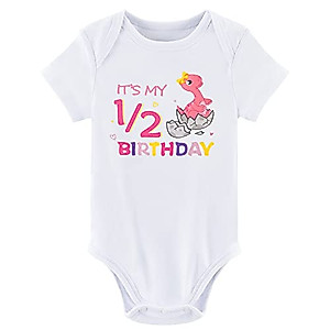 WAWSAM Baby Girls Half Birthday Bodysuit 1/2 Half Birthday One-Piece Romper Newborn Dinosaur Short Sleeve Onesie Infant Half Birthday Jumpsuit for Birthday Girl
