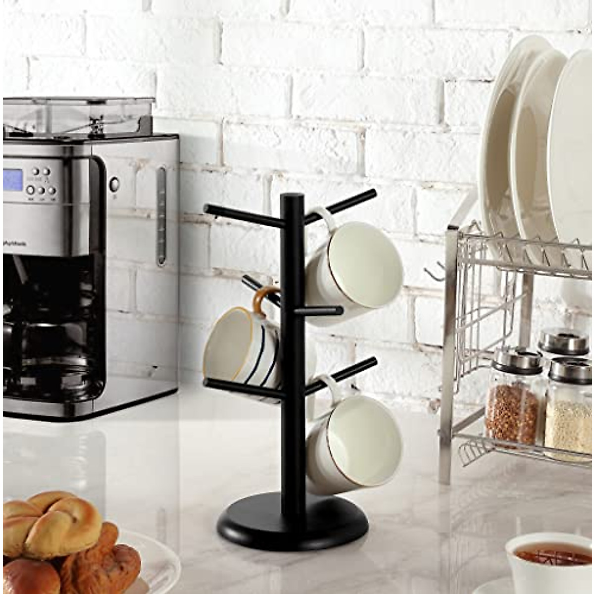 Dorhors Mug Tree,Mug Hanger Stand,Coffee Cup Holder with 6 Hooks,Wood Coffee Mug Holder for Counter,Coffee Bar Accessories and Decor,Coffee Organizer Station (Balck)