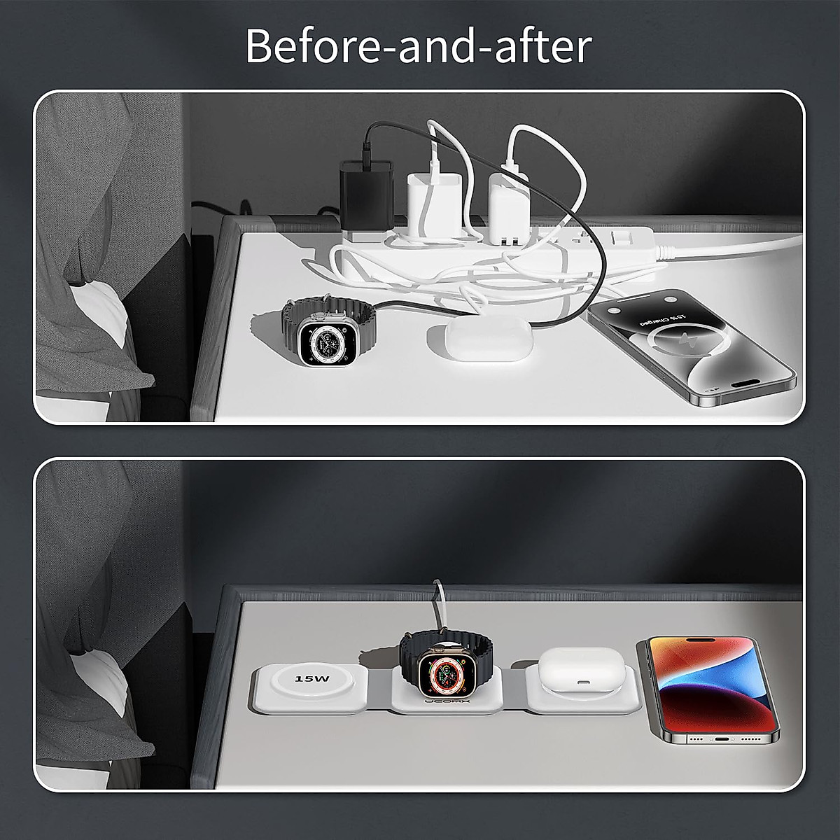 𝟏𝟓𝐖 for Magnetic Multple Devices,UCOMX Nano Pro 3-in-1 Wireless Charging Station,Top Speed Wireless Charger for Multple Device with 30W Adapter,Compatible for iPhone 15/14/13/12,AirPods,iWatch