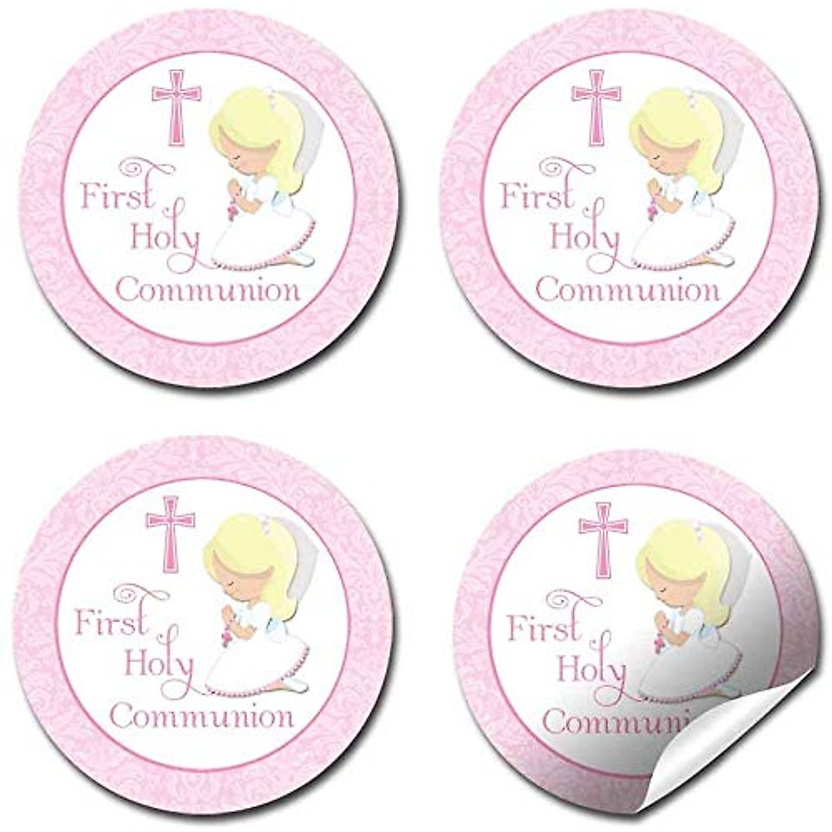 First Holy Communion Religious Thank You Sticker Labels for Girls (Light Skin, Blond Hair), 40 2" Party Circle Stickers by AmandaCreation, Great for Party Favors, Envelope Seals & Goodie Bags