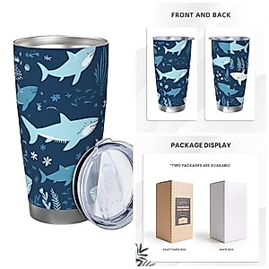 Sharks Tumbler with Lid and Straw 20oz Stainless Steel Car Cup for Hot and Cold Drinks, Double Wall Insulated Travel Coffee Mug Reusable Drink Thermos Cup Birthday Gifts