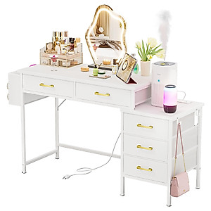 YILQQPER Vanity Desk without Mirror, Makeup Vanity with 5 Fabric Drawers, White Vanity Desk Dressing Vanity Table with Charging Station, 50 Inch Large Girl Vanity, Desk Make Up Vanity for Girls, White