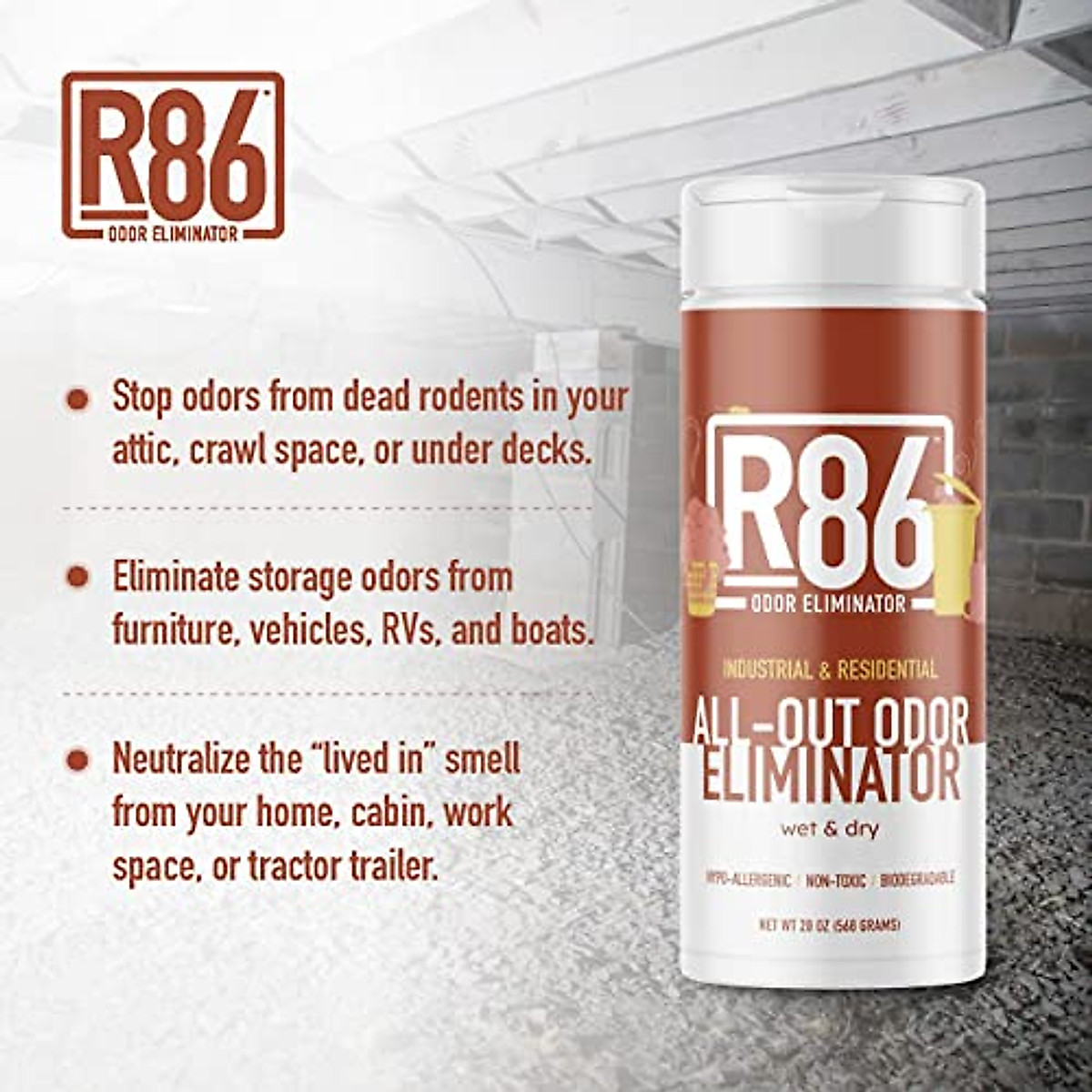 R86 Industrial All-Out Odor Eliminator, Removes Dead Animal Odor, Skunk Odor, Urine, Poop, Musty Basement & More – Natural Formula, Use Wet or Dry, Biodegradable