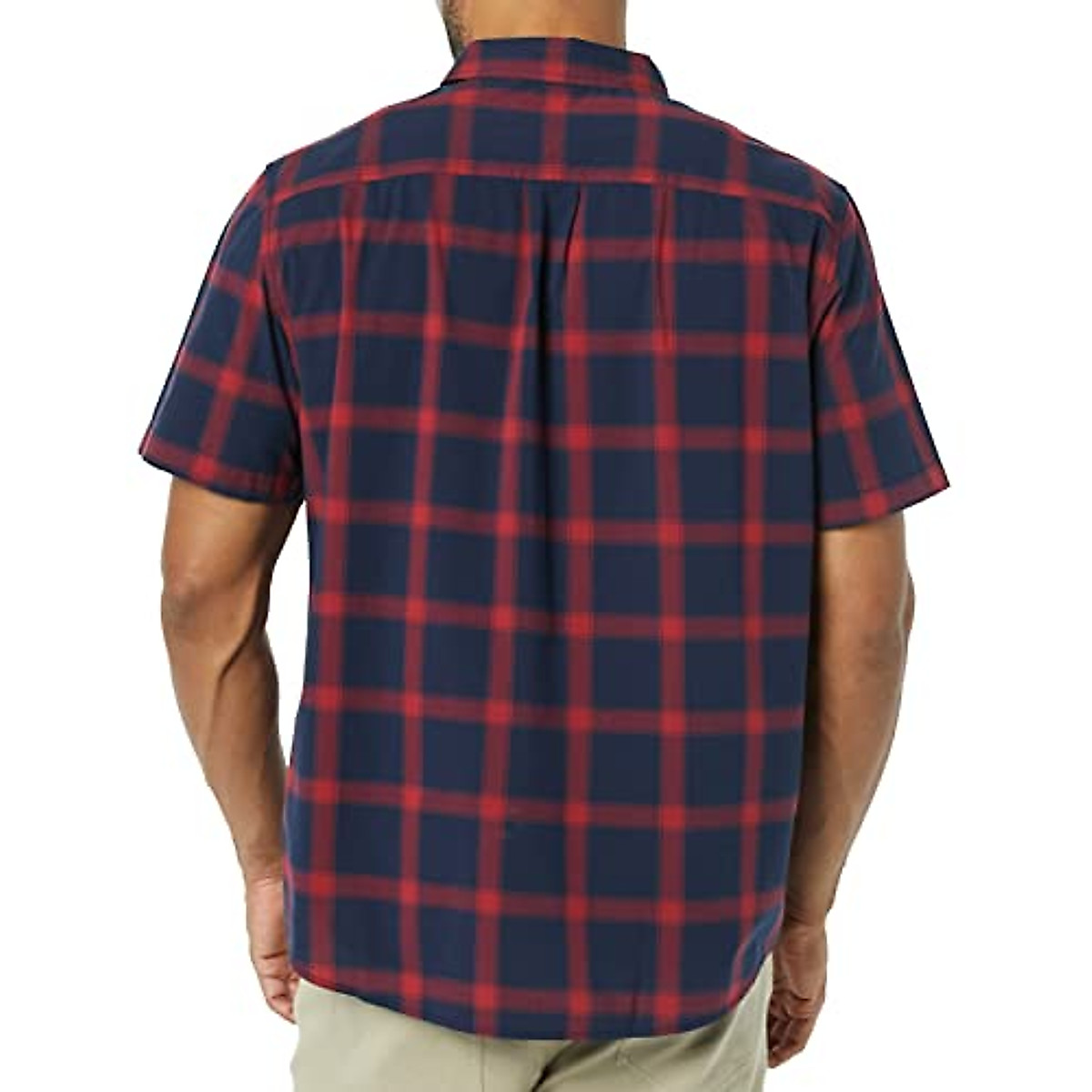 Amazon Essentials Men's Short-Sleeve Stretch Poplin Shirt (Available in Big & Tall), Navy Red Buffalo Plaid, Medium
