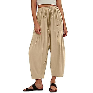 Beaully Women's Linen Pants Casual Loose High Waist Drawstring Wide Leg Capri Pants Trousers with Pockets 6094 Apricot Medium