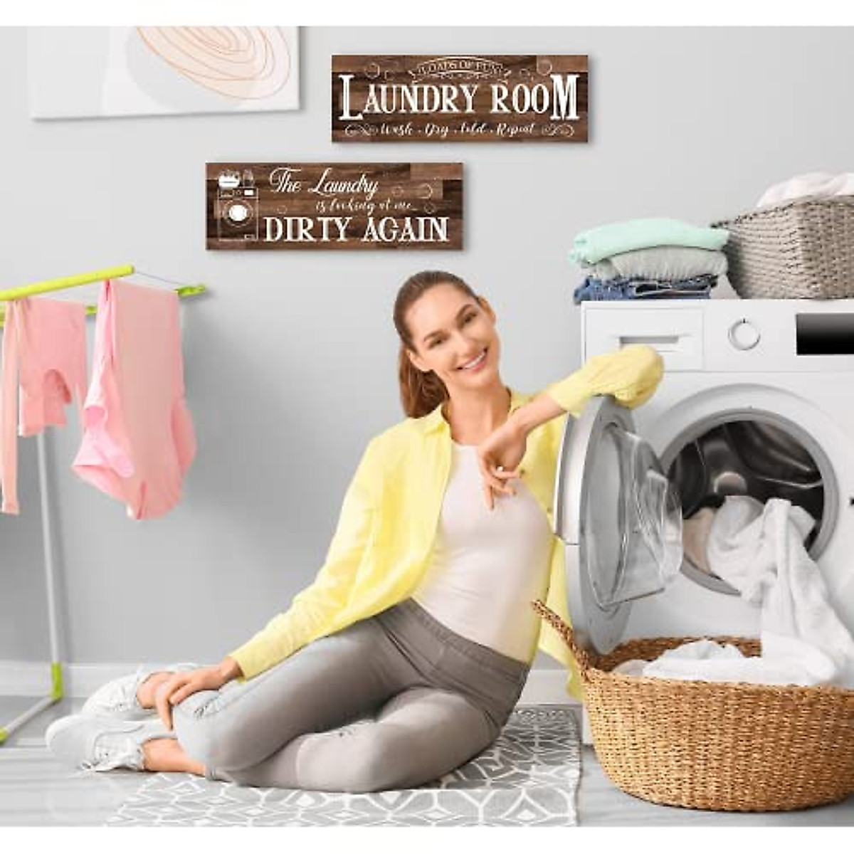 Creoate Laundry Room Decor, 2 Pieces Laundry Sign Wall Decor Funny Laundry Room Rules Decor Rustic Family White Wood Sign Hanging Plaque for Laundry Bathroom Wall Decor (Brown)