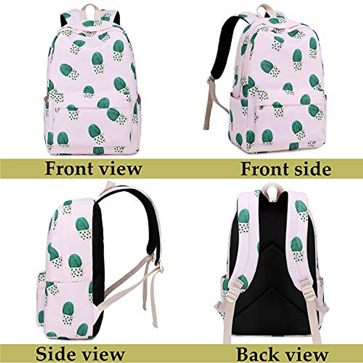 School Backpack Set 3 Pieces Lightweight Teen Girls Bookbags Insulated Lunch Bag Pencil Case (Cactus)