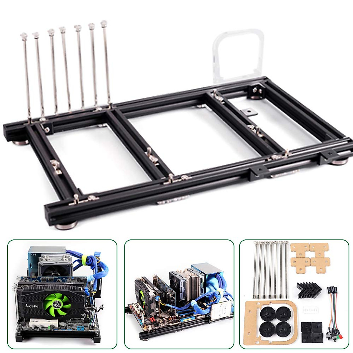ATX PC Motherboard Case Frame, Aluminum 7 PCI Bit Open Air Case Bare Air Water Cooling Fan Stand Chassic Test Bench Rack GDAE10 Computer Board Overclocking Heat Dissipation Graphics Card Support Black