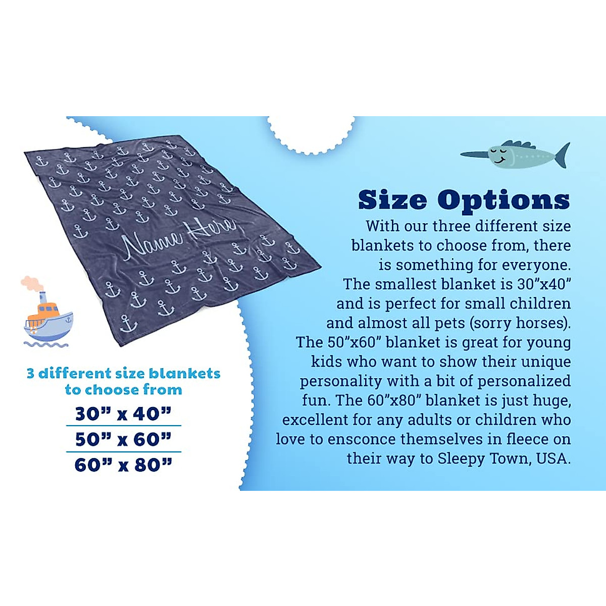 Personalized Fleece Blanket - Custom Throw Blankets for Adults Men Women Kids - Nautical Theme Navy Blue Anchor (Adult 60"x80")