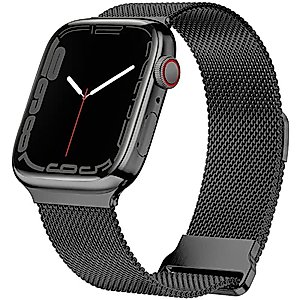 Geoumy Magnetic Band Compatible with Apple Watch 42mm 44mm 45mm 49mm, Stainless Steel Mesh Milanese Strap with Loop, Metal Wristband for iWatch SE Ultra Series 8 7 6 5 4 3 2 1 for Women Men, Black