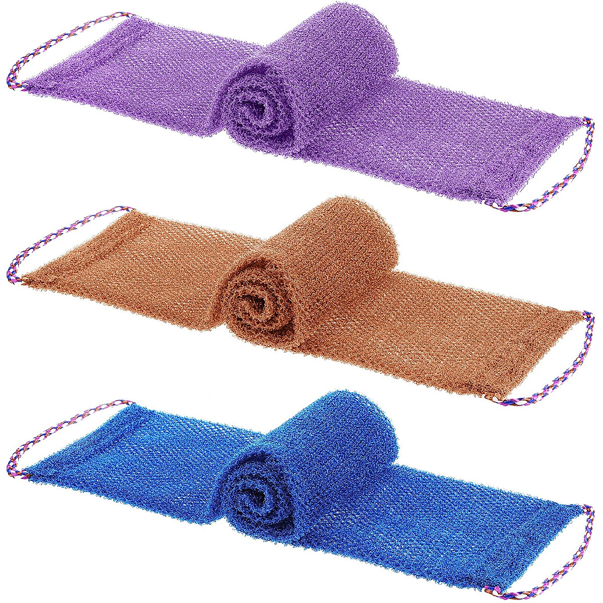 Tegeme 3 Pcs African Exfoliating Net Sponges Bath Back Scrubbers Long with Pull Strap Exfoliating Smoother Nylon Body Shower Loofahs Cloth for Women Men Daily Handles Washcloth Wash Purple Blue Coffee