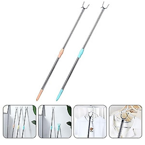 2pcs Clothes Pole Clothing Hook Pole Retractable Long Pole Clothes Drying Stick Washing line Prop extendable Reaching Stick Reach Closet Pole Aluminum Clothes Fork Household