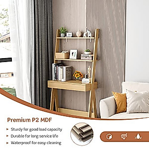 Tangkula Ladder Desk with Countertop & Drawer, Freestanding 2-Tier Ladder Shelf Desk, Modern Computer Desk Laptop Table with Storage Bookshelf, Anti-Toppling Device (Natural)