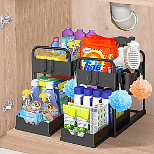 2 Tier Under Sink Organizers and Storage, 2 Pack Sliding Under Bathroom Cabinet Storage Drawer Organizer with Storage Drawer with 8 Hooks and 2 Hanging Cups, Multi-purpose Under Sink Organizer, Black