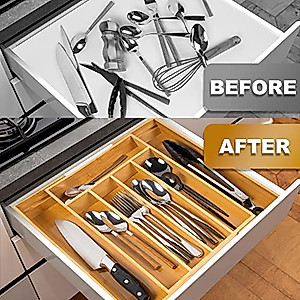 Besilord Expandable Utensil Organizer Silverware Organizer for Kitchen Adjustable Utensils Holder Bamboo Large Flatware Silverware Cutlery in Drawer