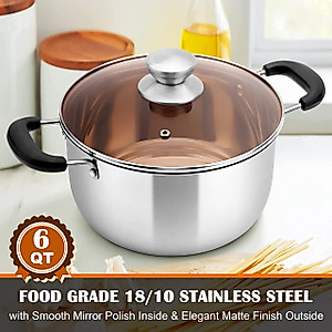 Homikit 6QT Stock Pot, 18/10 Stainless Steel Cooking Pot with Lid for Boil Stew Fry, Metal Round Pasta Soup Sauce Pot Great for Home Kitchen Restaurant, Heavy Duty & Rust Free, Dishwasher Safe