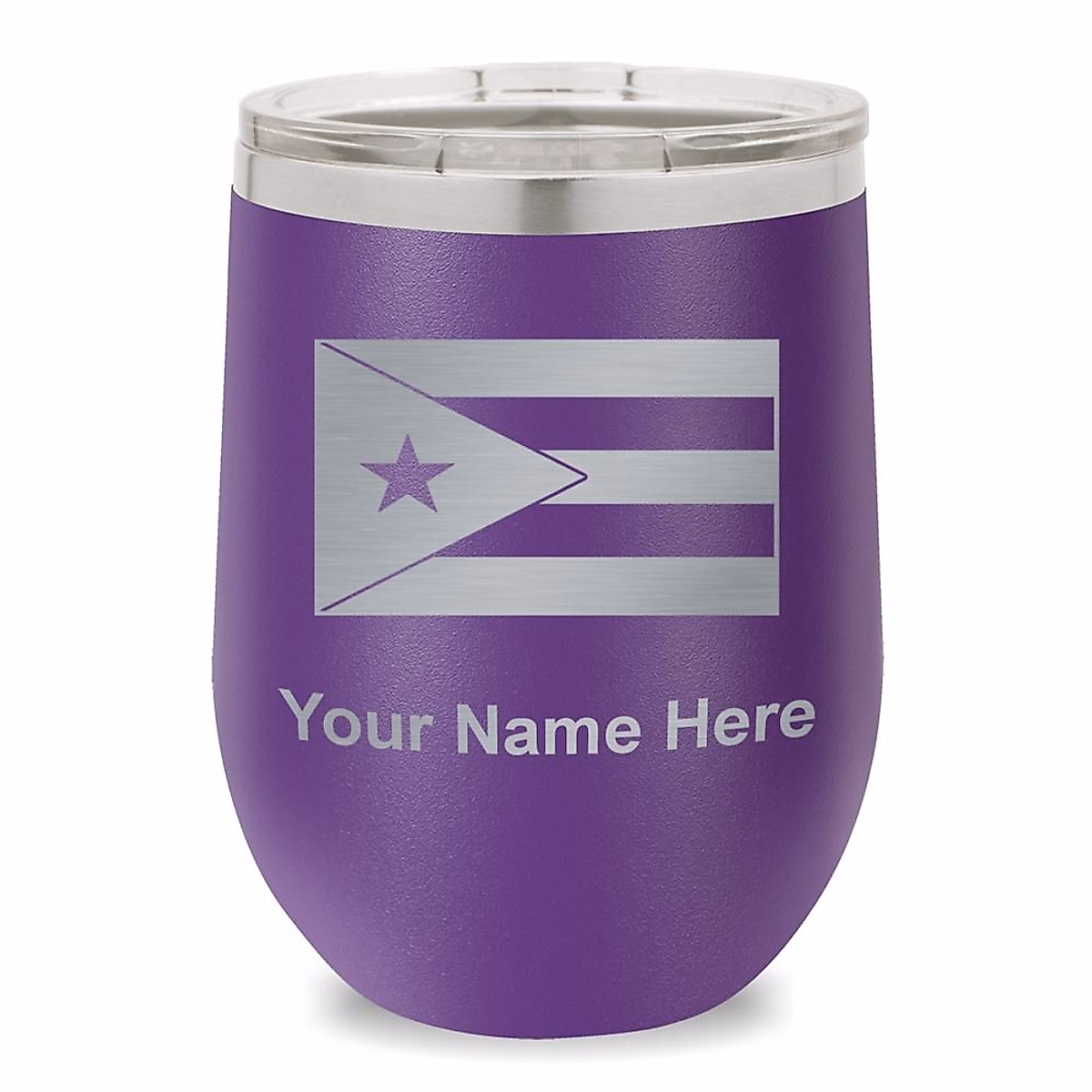 LaserGram Double Wall Stainless Steel Wine Glass Tumbler, Flag of Puerto Rico, Personalized Engraving Included (Dark Purple)