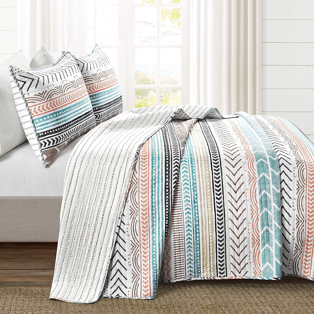 Lush Decor Hygge Geo Pattern Striped 3 Piece Quilt Bedding Set, King, Neutral & Multicolored