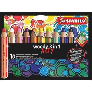 STABILO Multi-Talented Pencil woody 3 in 1 - ARTY - Pack of 10 - Assorted Colours with Sharpener