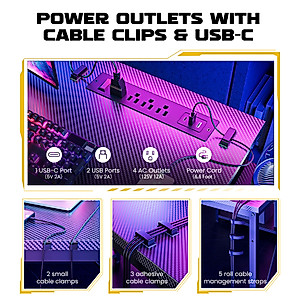 DOMICON Computer Desk 72" L Shaped Desk with Power Outlets, Gaming Desk with LED Lights & Long Adjustable Monitor Stand, Corner Desk with Storage, Cup Holder & Headset Hooks (Black Carbon Fiber)