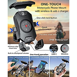 KEWIG Waterproof Motorcycle Phone Mount Qi 15W Wireless & USB C 20W Fast Chargeing Port, One-Push Automatically Lock & Quick Release Handlebar Cell Phone Holder for 4-7'' Phones