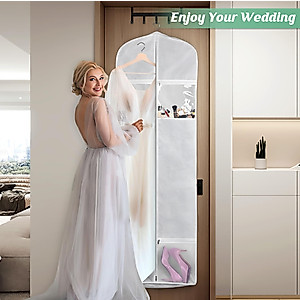MISSLO Portable 70" Wedding Dress Garment Bag with Bride Tote Bag 8'' Gusseted Dress Bags for Gowns Long 4 Pockets Dress Cover for Women, White