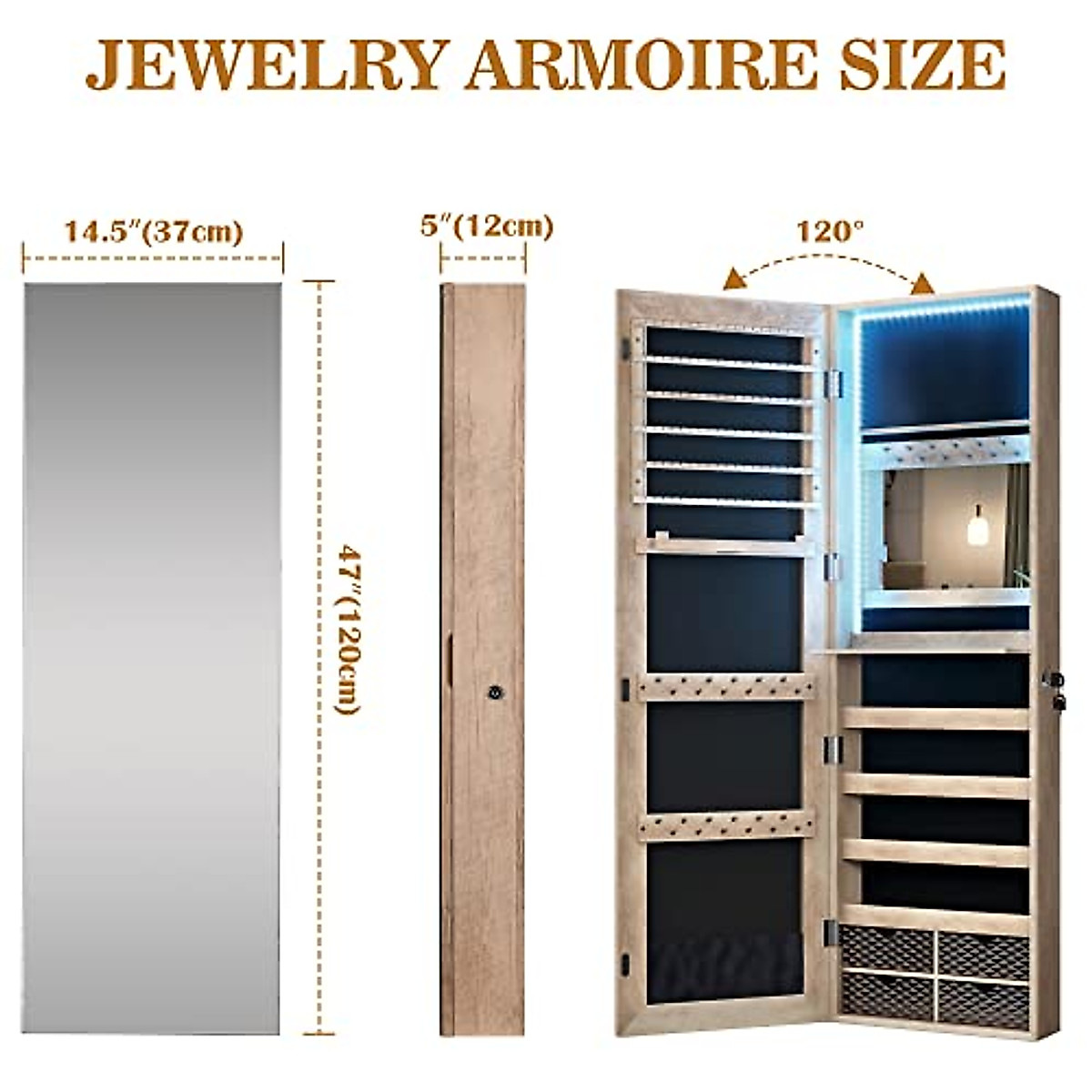 Vlsrka Mirror Jewelry Cabinet, Upgraded 3 LED Lights Wall/Door Mounted Jewelry Armoire Organizer, 47.2" Full Length Mirror with Storage, Built-in Lighted Mirror, 4 Drawers, 5 Shelves, Lockable, Wood