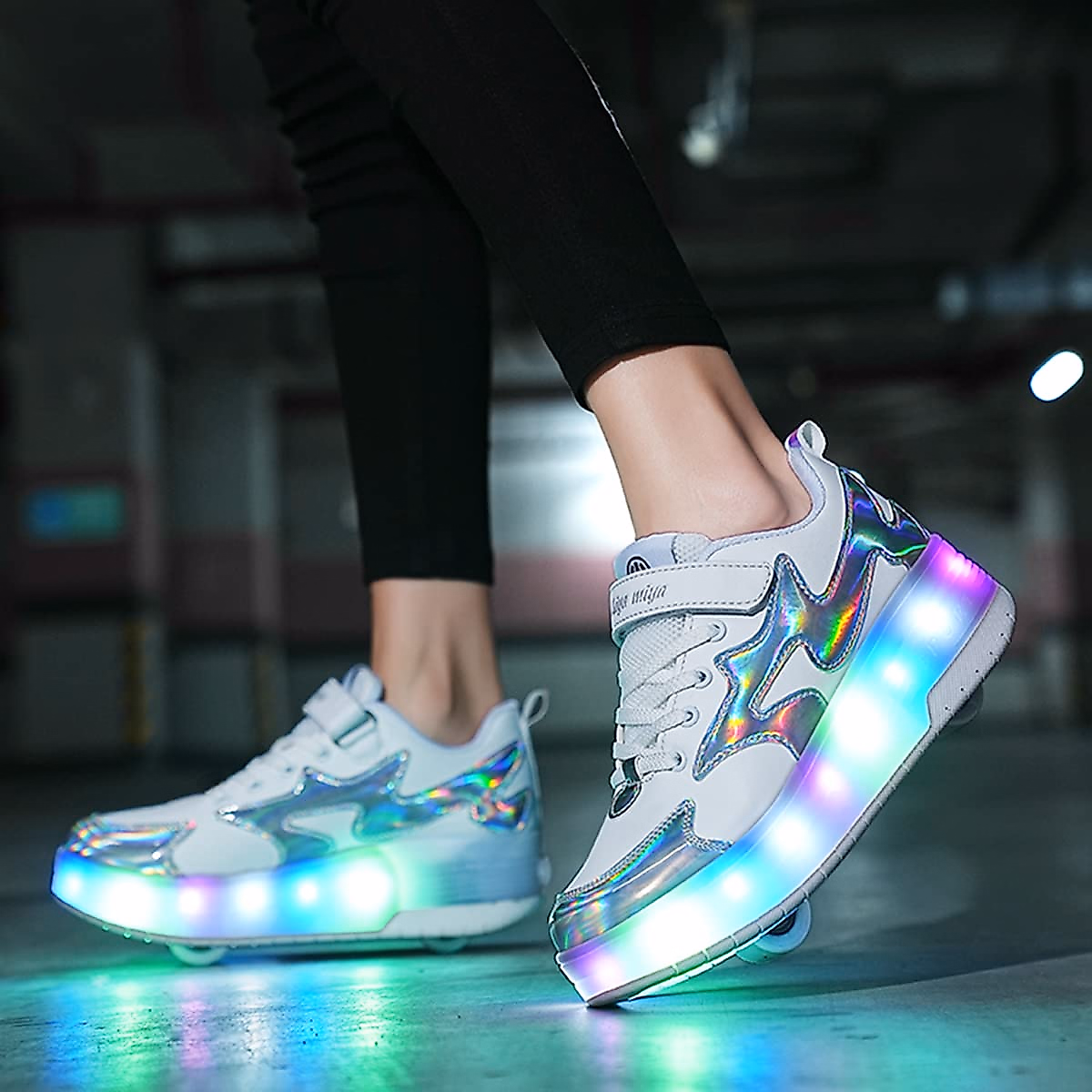 BFOEL Girls Roller Skates Light up Shoes Roller Shoes USB Charge Girls Boys Sneakers with Wheels LED Roller Skates Shoes(5.5 Big Kid White Silver 37)