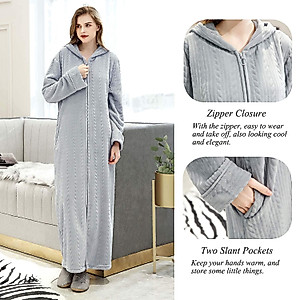 Hellomamma Long Hooded Zipper Bathrobe for Womens Flannel Fleece Robes Winter Warm Housecoat Nightgown Sleepwear Pajamas Light Grey L-XL