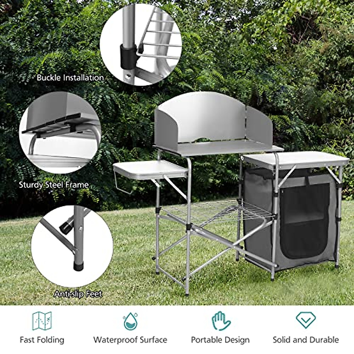 Goplus Camping Kitchen Table, Portable Outdoor Cooking Table with Storage, 26'' Tabletop, Detachable Windscreen, Camp Cook Station, Folding Grill Table for Tailgating BBQ Picnic Backyard Beach RV