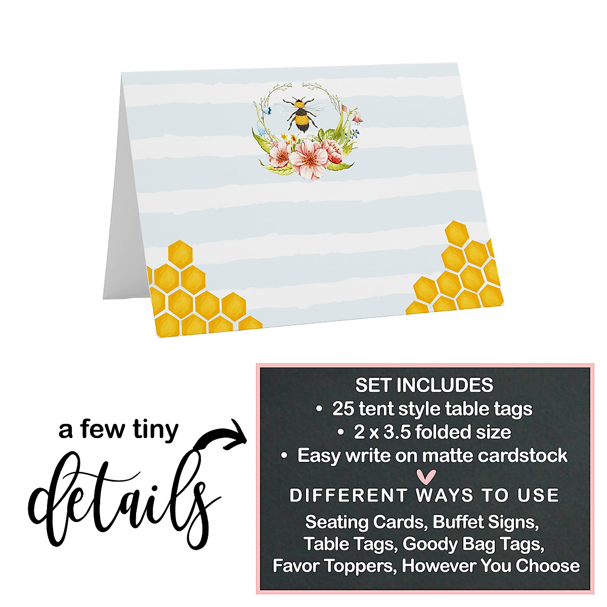 Bee Table Place Cards, Blank Buffet Signs for Baby Shower, Wedding Seating Cards, Bridal Shower Banquet, Bumblebee Folded Favor Tags, 25 Pack