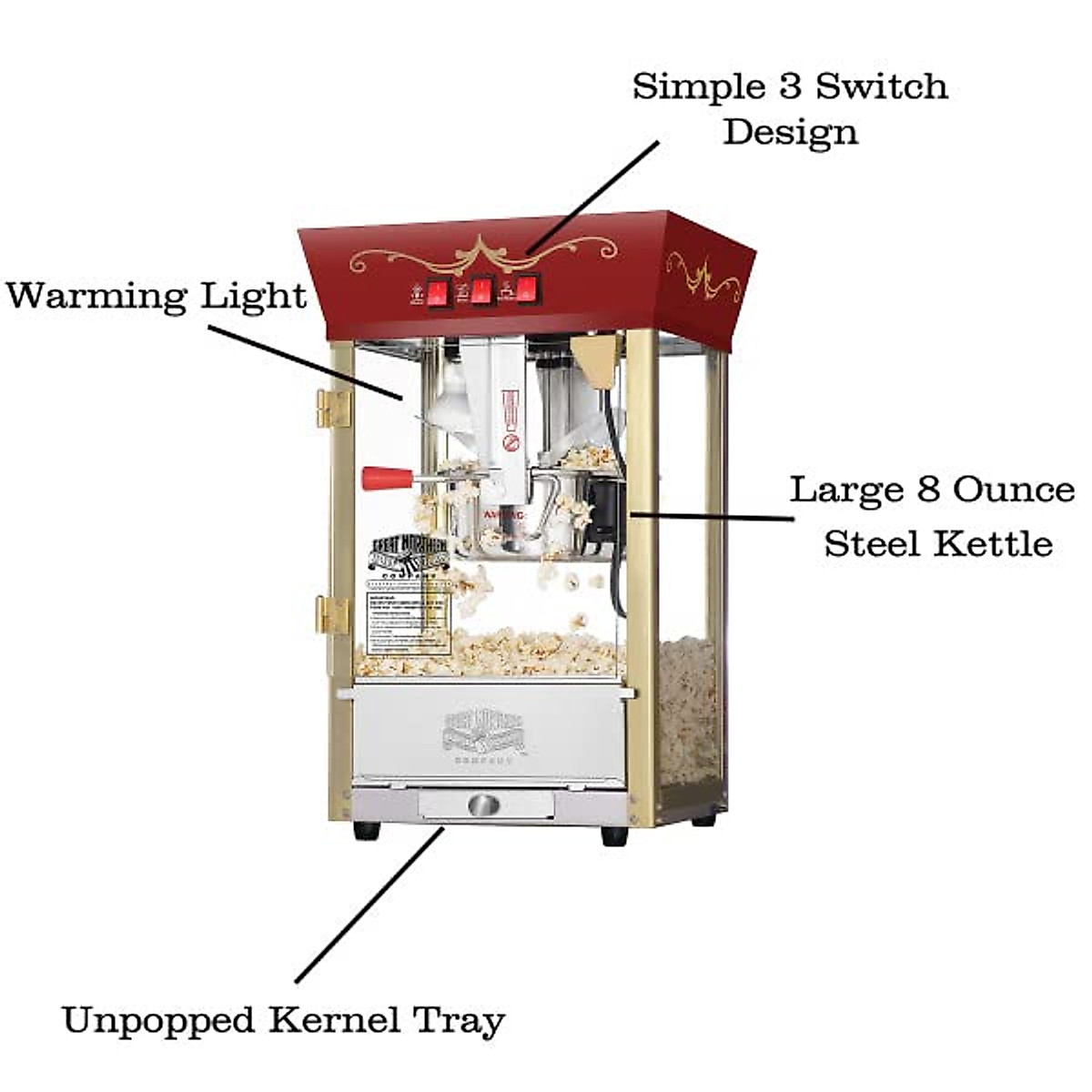 Matinee Countertop Popcorn Machine – 3 Gallon Popcorn Popper, 8oz Kettle, Warmer, and 24 All-In-One Popcorn Packs by Great Northern Popcorn (Red)