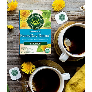 Traditional Medicinals Organic EveryDay Detox Dandelion Herbal Tea, Supports Liver & Kidney Function, (Pack of 3) - 48 Tea Bags Total
