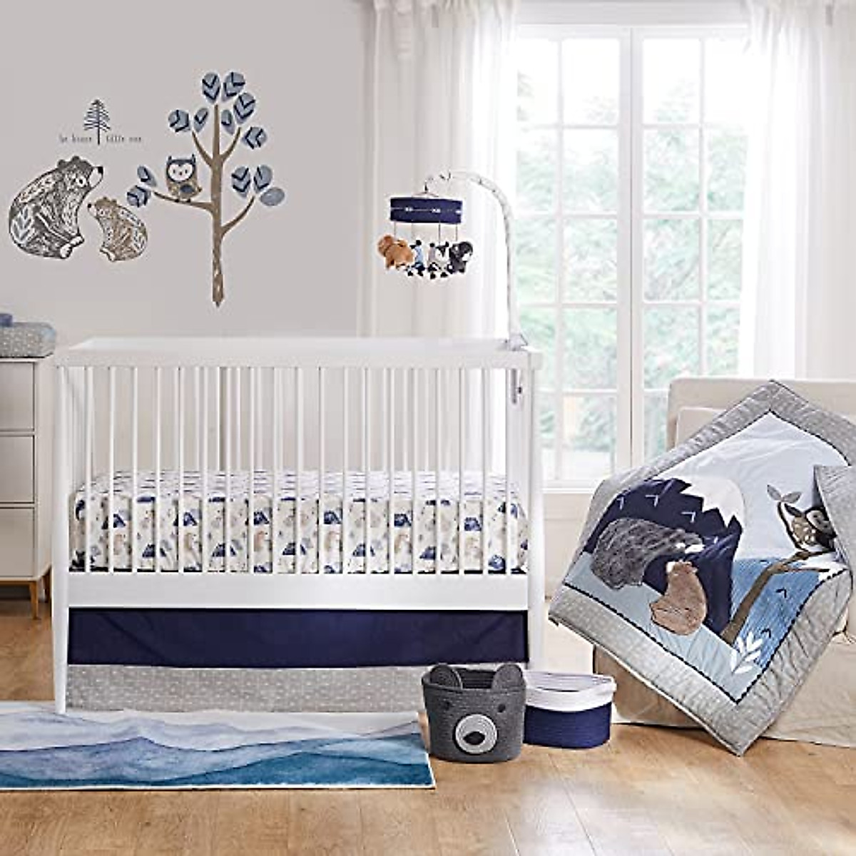 Levtex Baby - Rowan Crib Bed Set - Baby Nursery Set - Navy Grey White Blue Taupe - Bears and Mountains - 5 Piece Set Includes Quilt, Two Fitted Sheets, Wall Decal & Skirt/Dust Ruffle